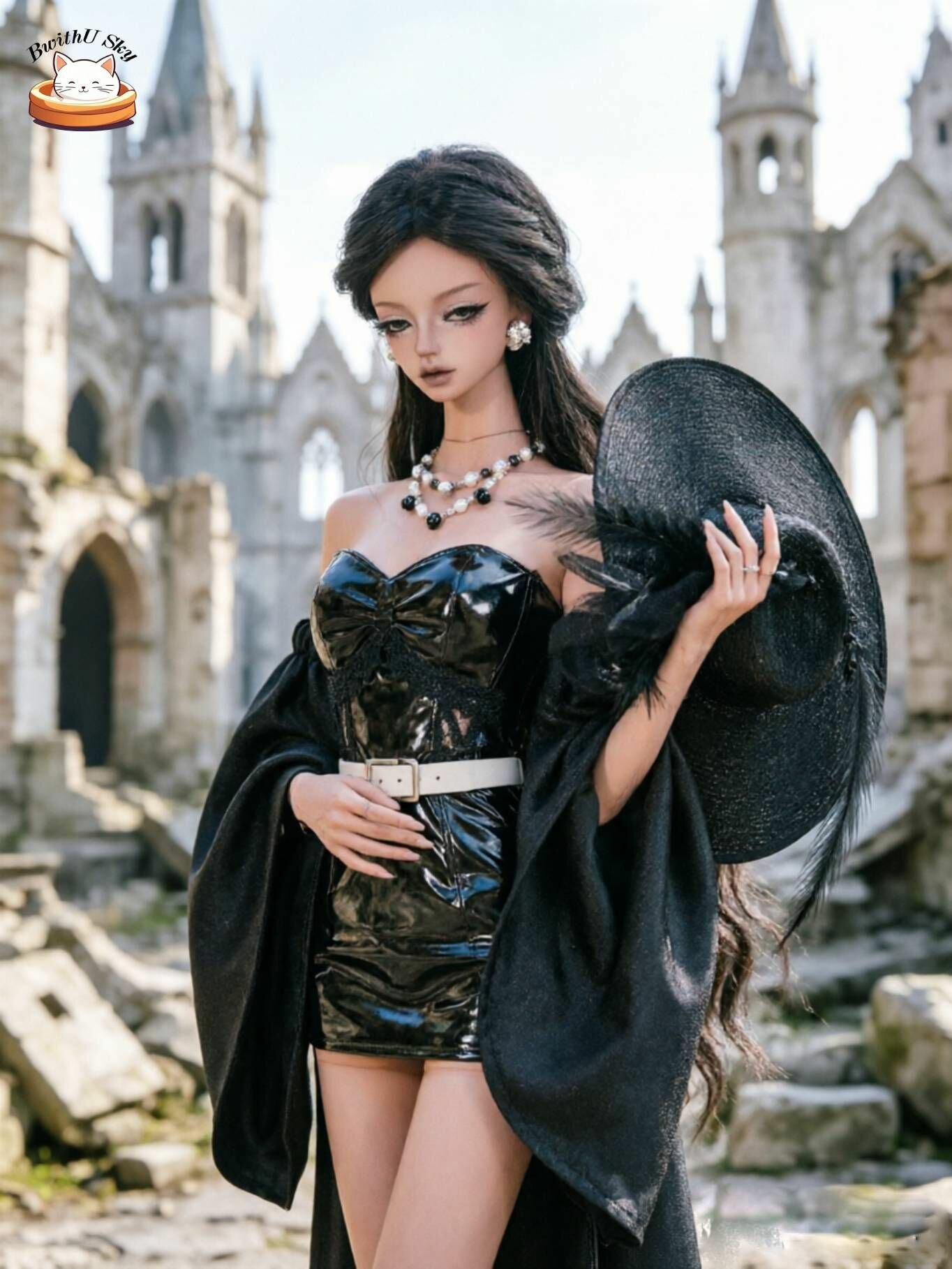 BwithUSky Keisha 1/4 BJD Кукла: Дерзкий чёрный комплект из лакового топа и шорт, широкая шляпа с перьями и длинный плащ