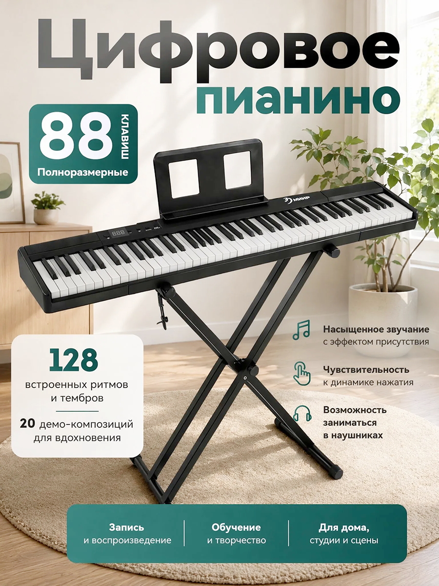 Цифровое пианино,88 клавиш, полноразмерные 2.2 cm, 128 тембров, взвешенной клавиатурой, с педаль сустейна, черный