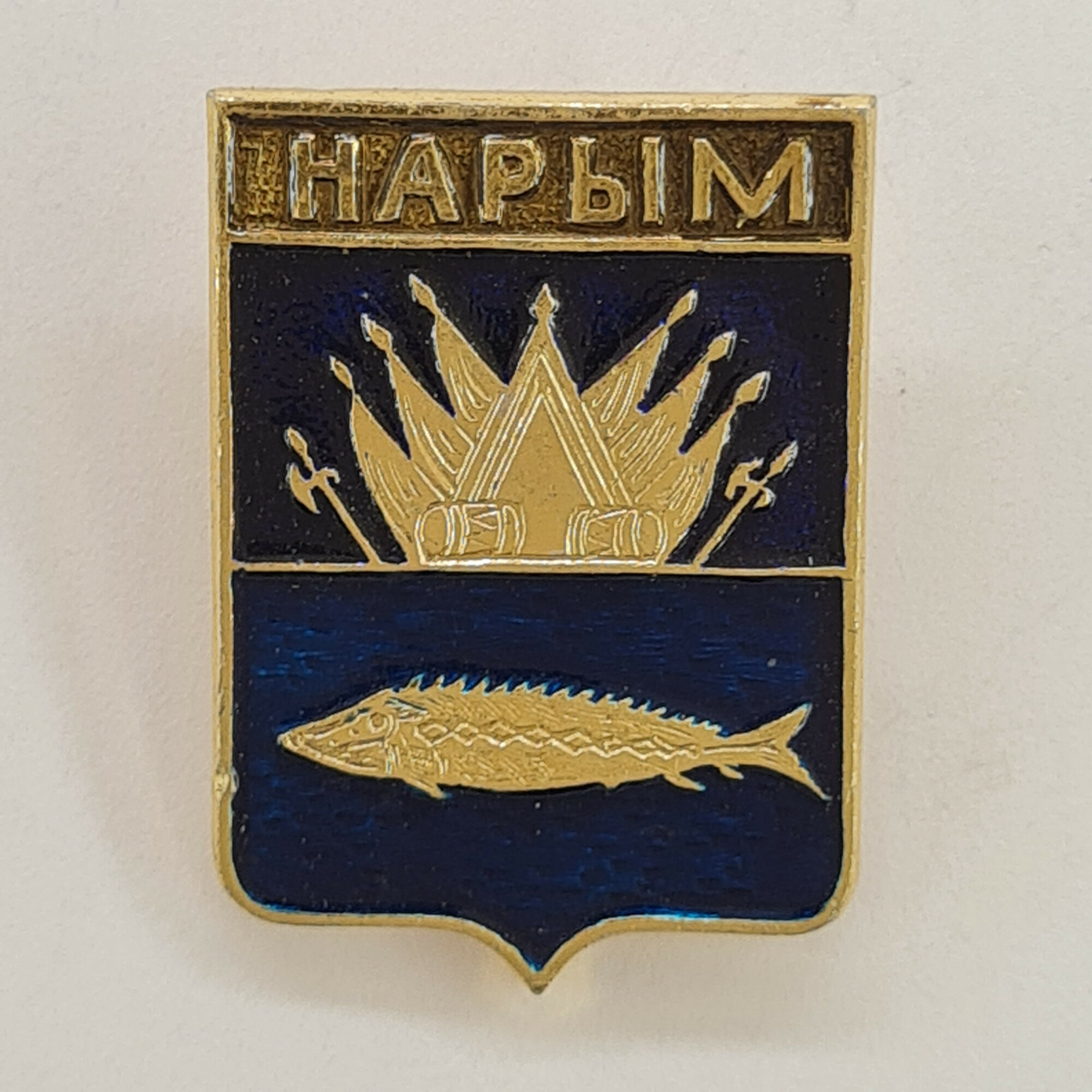 Значок СССР. Нарым, герб города, рыба, Томская область. Винтажный значек.