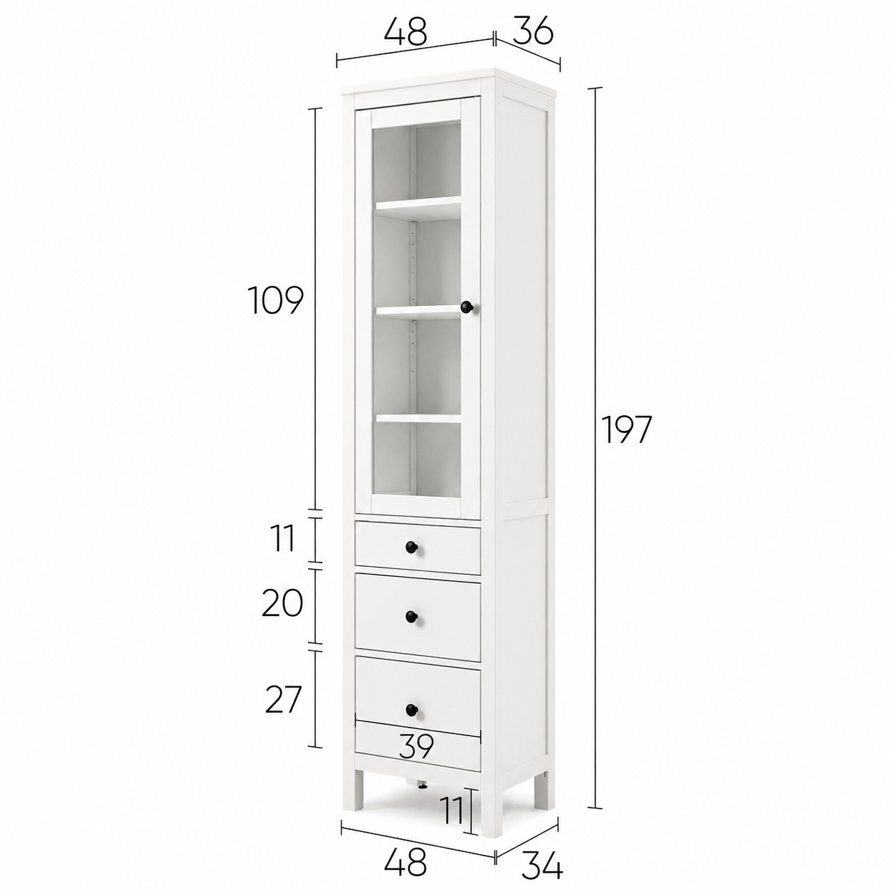 Шкаф-витрина 3 ящика узкий HEMNES Кымор, массив сосны, цвет белый, (икеа)