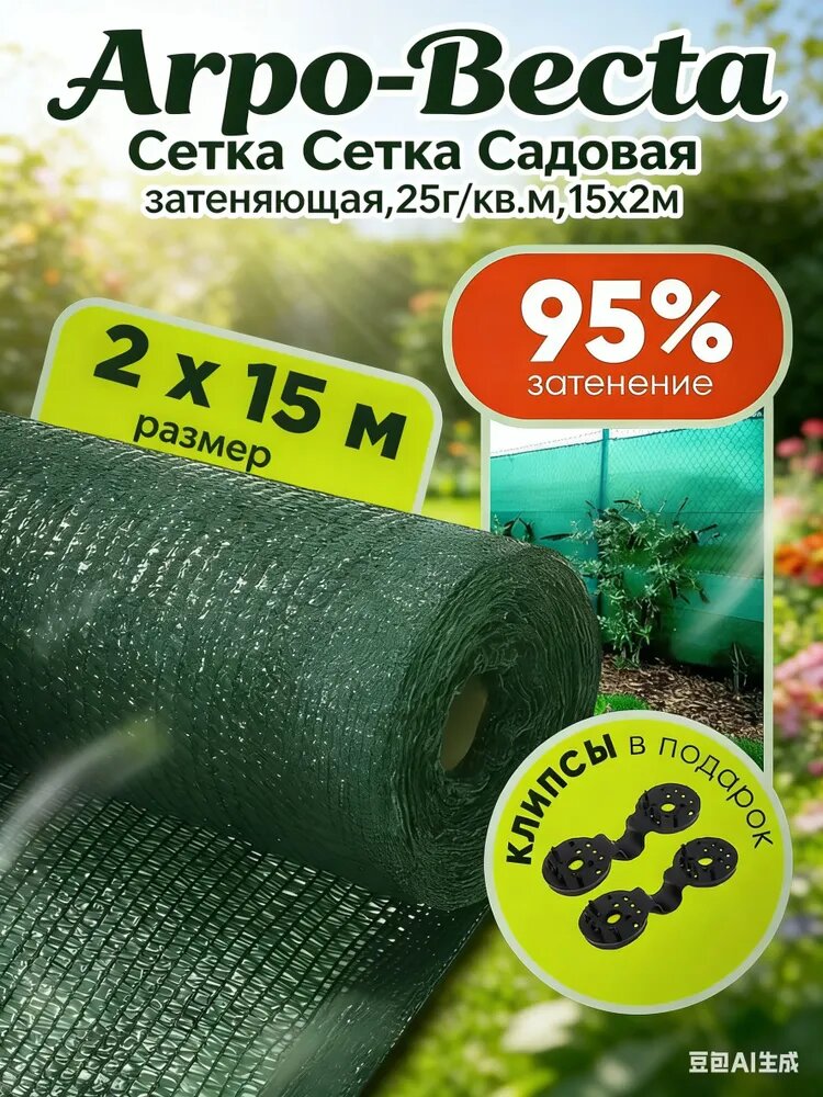 Сетка садовая затеняющая, Пластик,95г/кв. м,15х2м