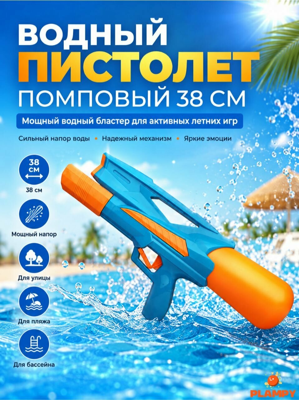 Водный пистолет Plampy большой помповый 38 см мощный бластер для детей и подростков