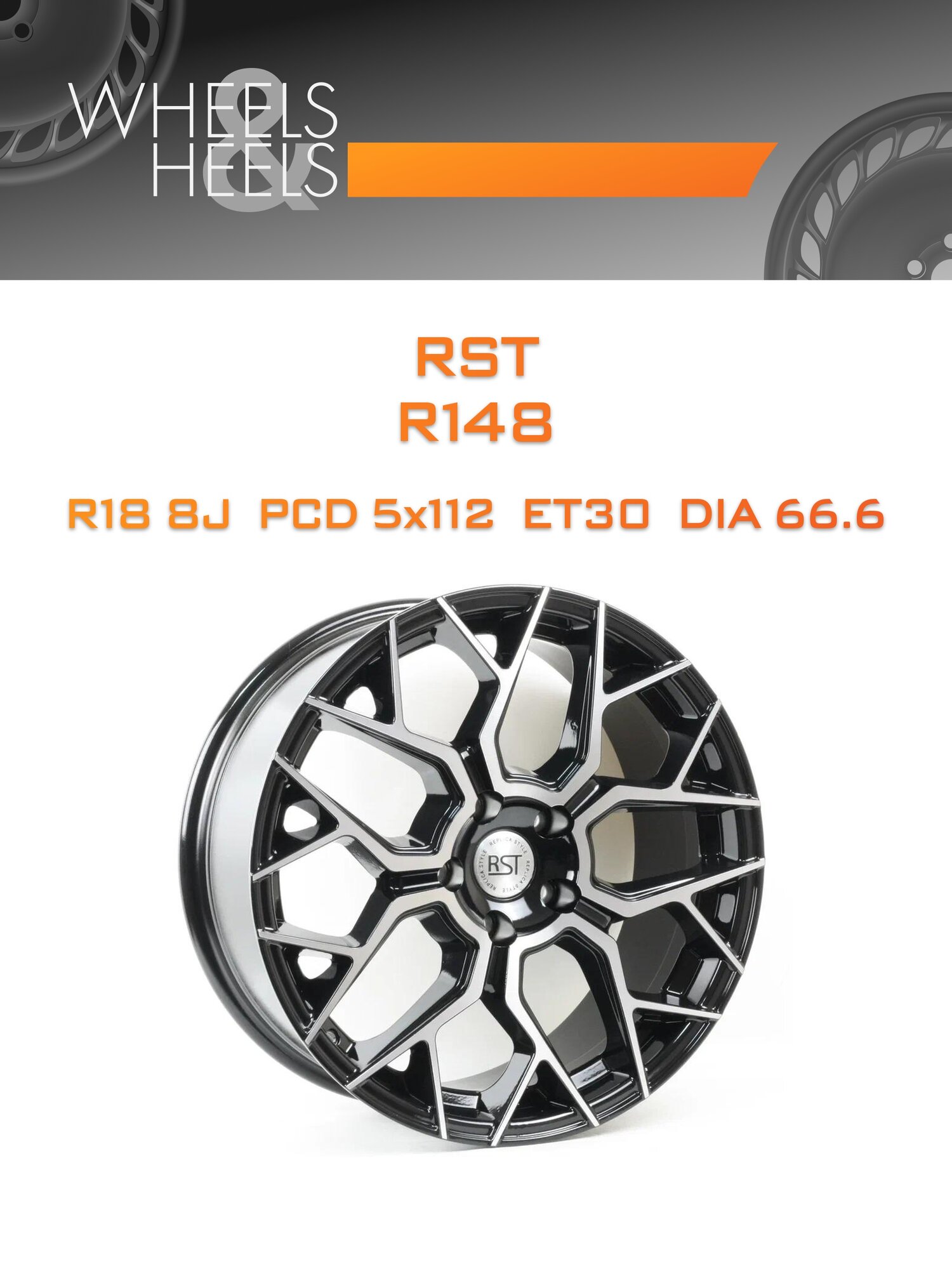 Диск автомобильный литой RST R148 18x8 5x112 et30 dia66.6 Чёрный с полированной лицевой частью
