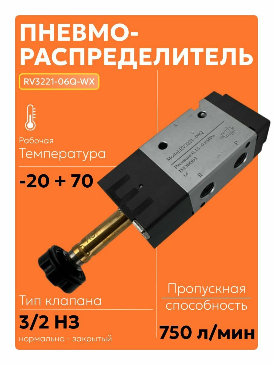 Пневмораспределитель 3/2 НЗ с электроуправлением RV3221-06Q-WX (серия RV, G1/8)
