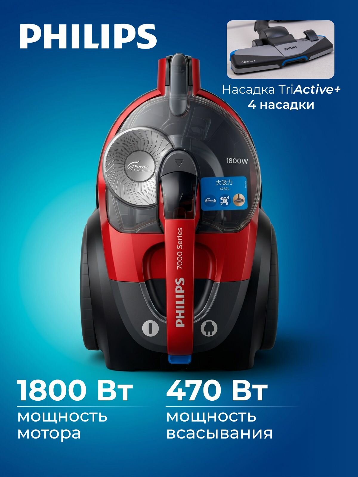 Пылесос для дома мощный, с контейнером 2л, 1800W, 5 насадок, FC9735/81