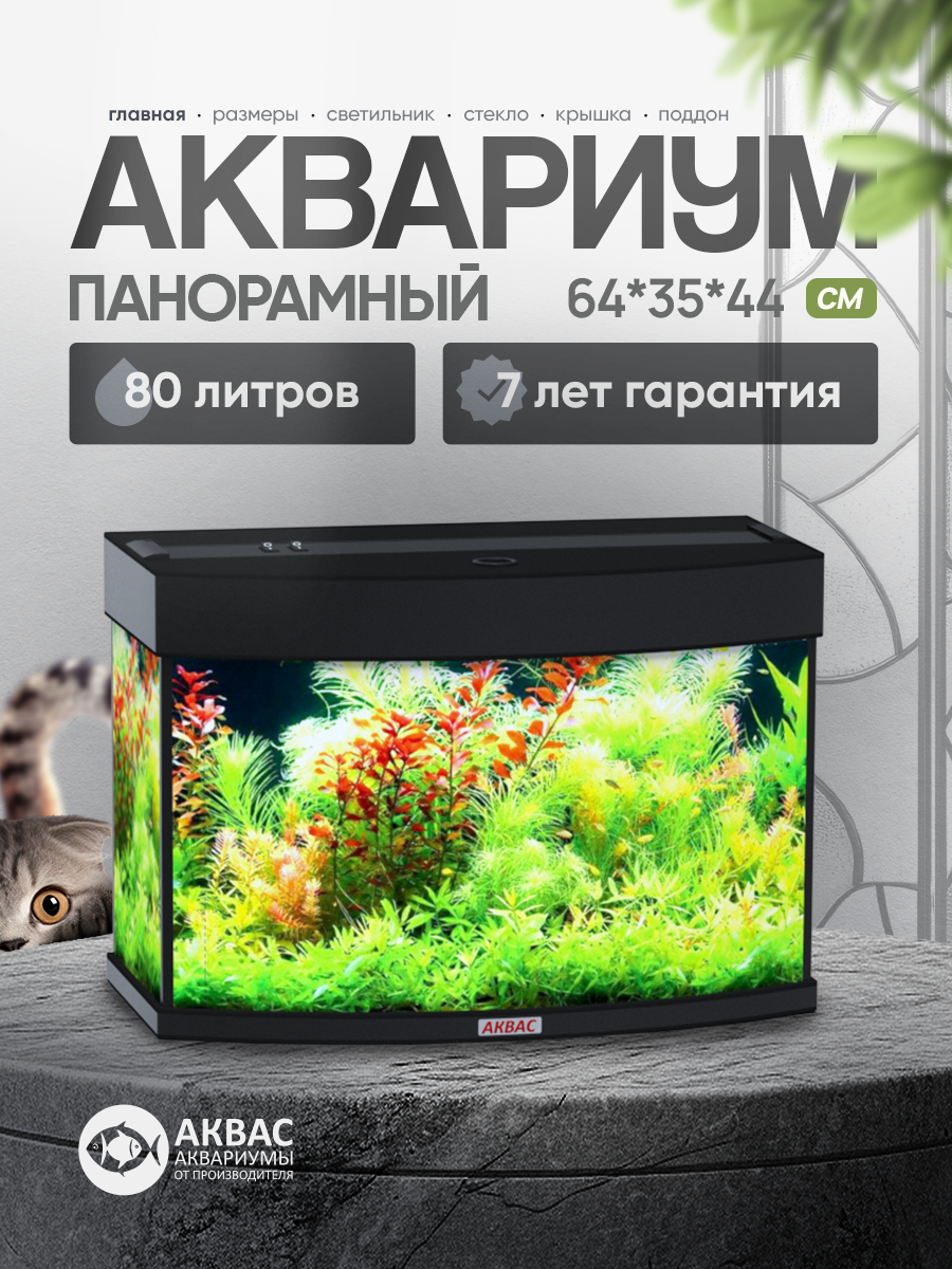 Аквариум панорамный 80 литров с крышкой и освещением (64*35*44 см) Аквас