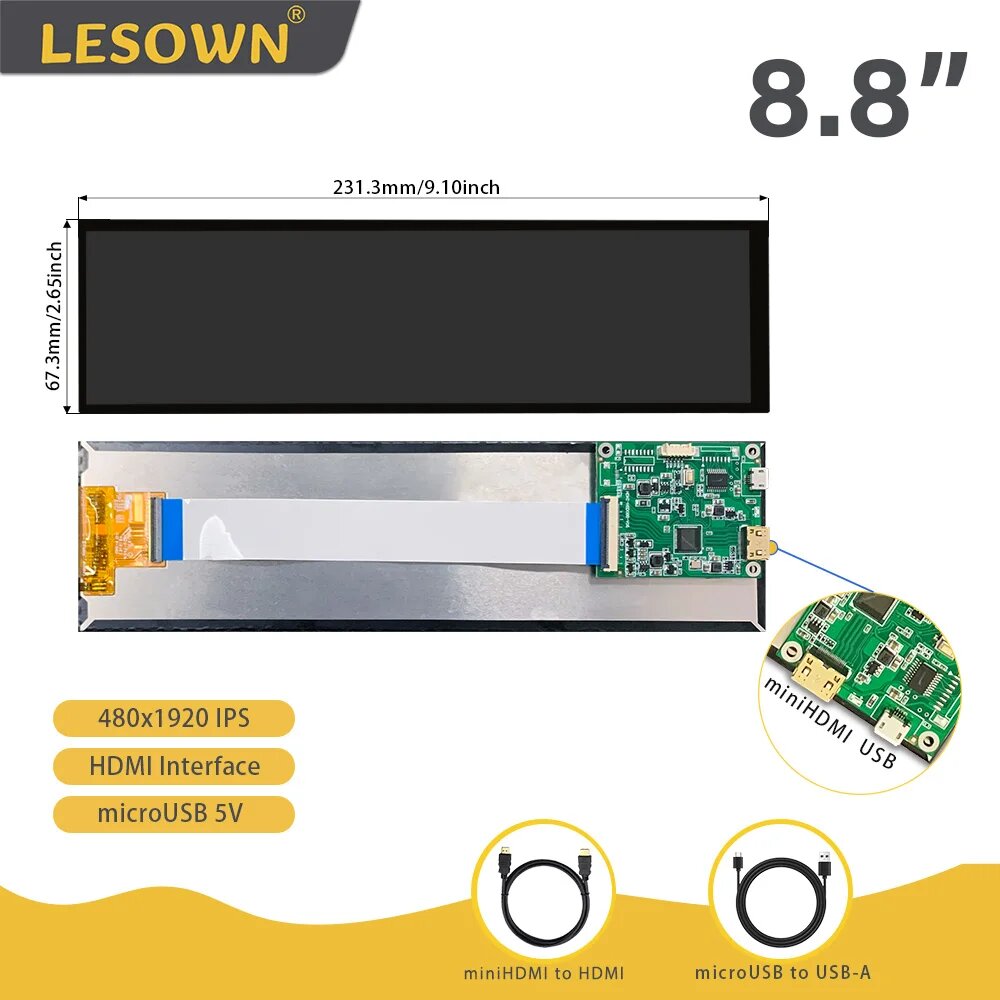 ЖК-дисплей LESOWN диагональю 8,8 дюйма MIPI 480x192 0 IPS 600Nits HDMI, тонкий экран-полоса для принтера Raspberry Pi