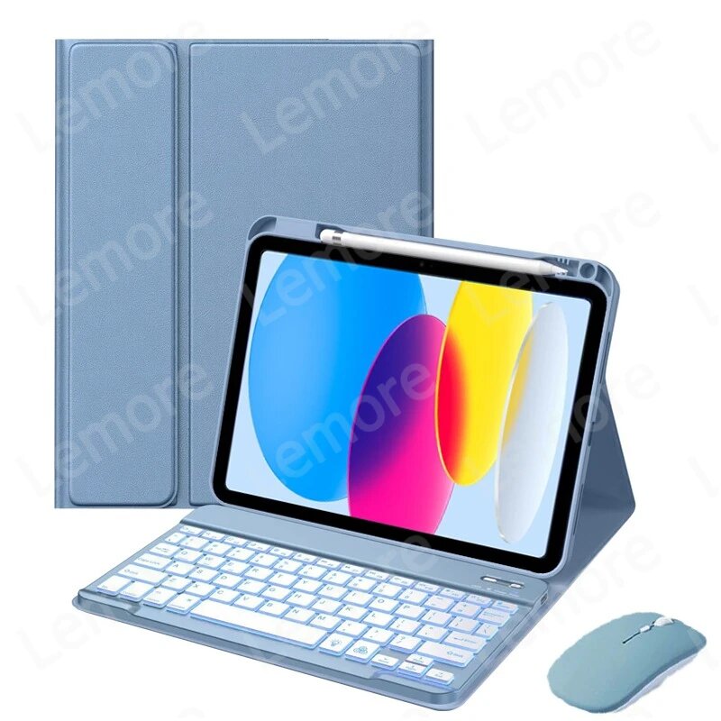 Чехол для iPad A16 2025 с подсветкой и клавиатурой Russian, mistyblue with mouse