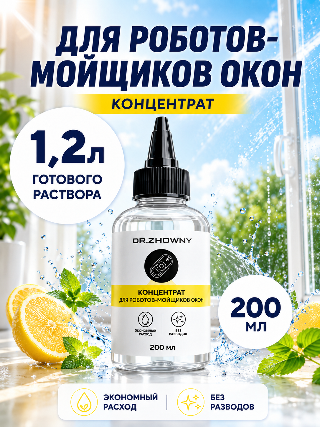 Бытовая химия для уборки, cредство Dr. Zhowny, для роботов-мойщиков 200мл, концентрат, без разводов