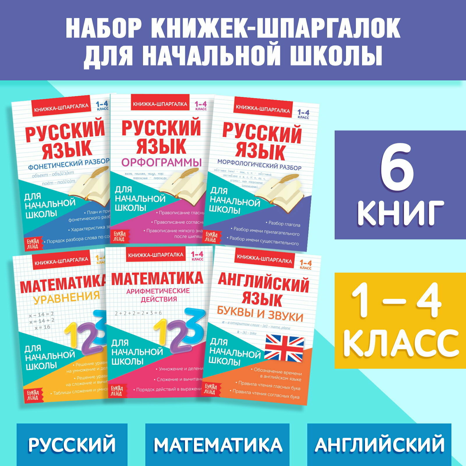 Книги-шпаргалки набор для начальной школы, 6 книг по 8 стр, тема обучения: буквы, слова, русский язык