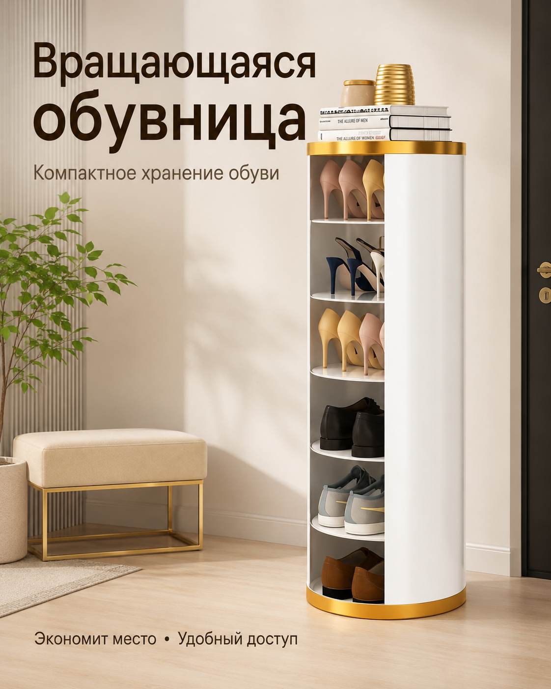 Вращающийся круглый обувной шкаф белый с золотой отделкой 6 полок 32х32х90 см