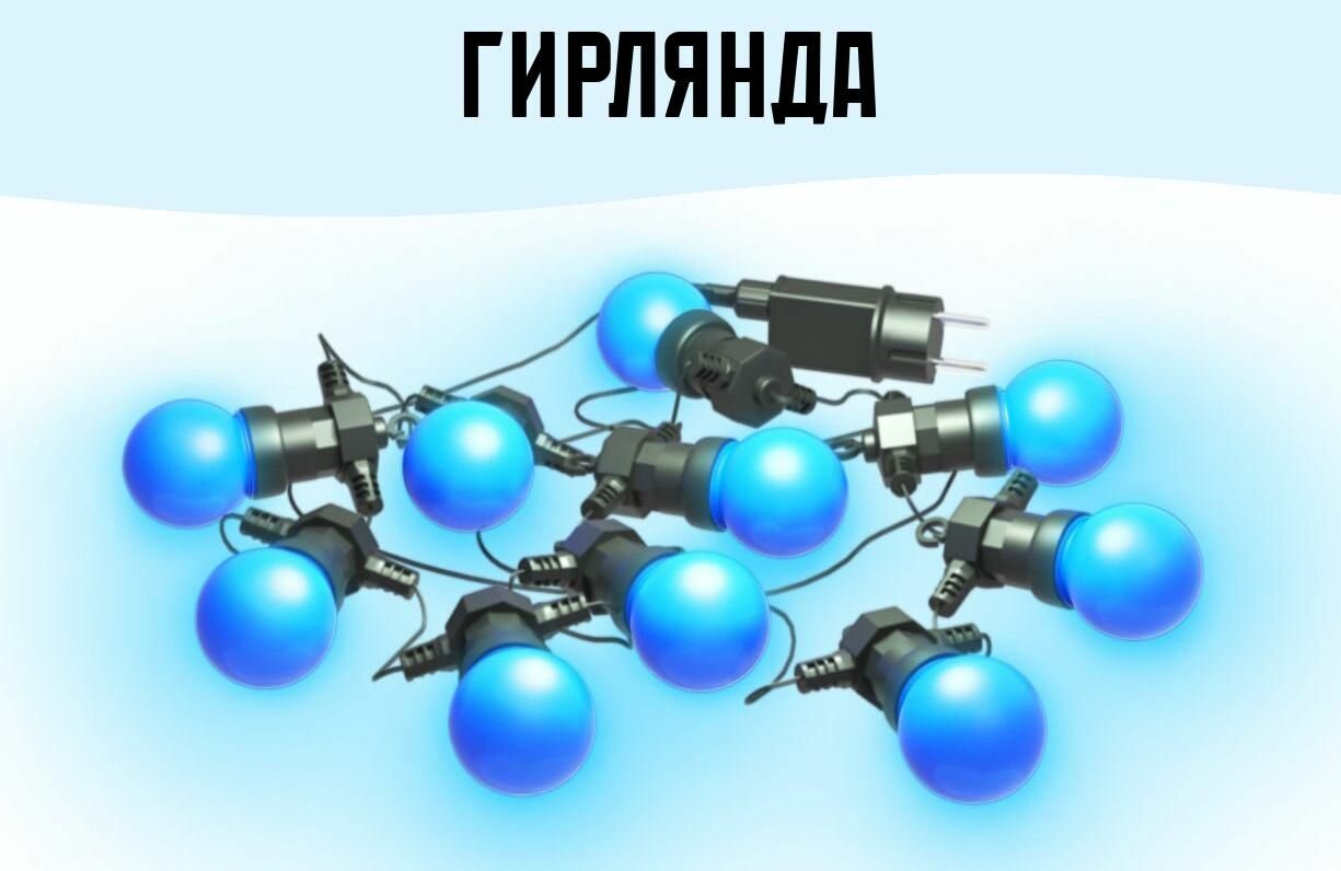Гирлянда светодиодная 10 ламп, 7,7м, IP44, синяя
