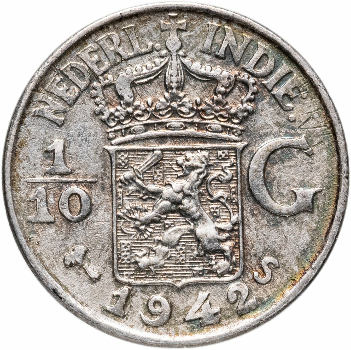Голландская Ост-Индия 1/10 гульдена gulden 1942, Серебро 720, в сохранности XF-AU