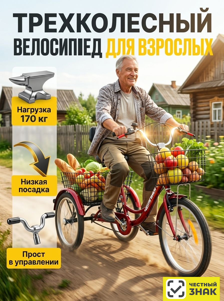 Трехколесный велосипед для взрослых РВЗ Чемпион 20 дюймов красный с корзинами и сиденьем со спинкой 1 скорость