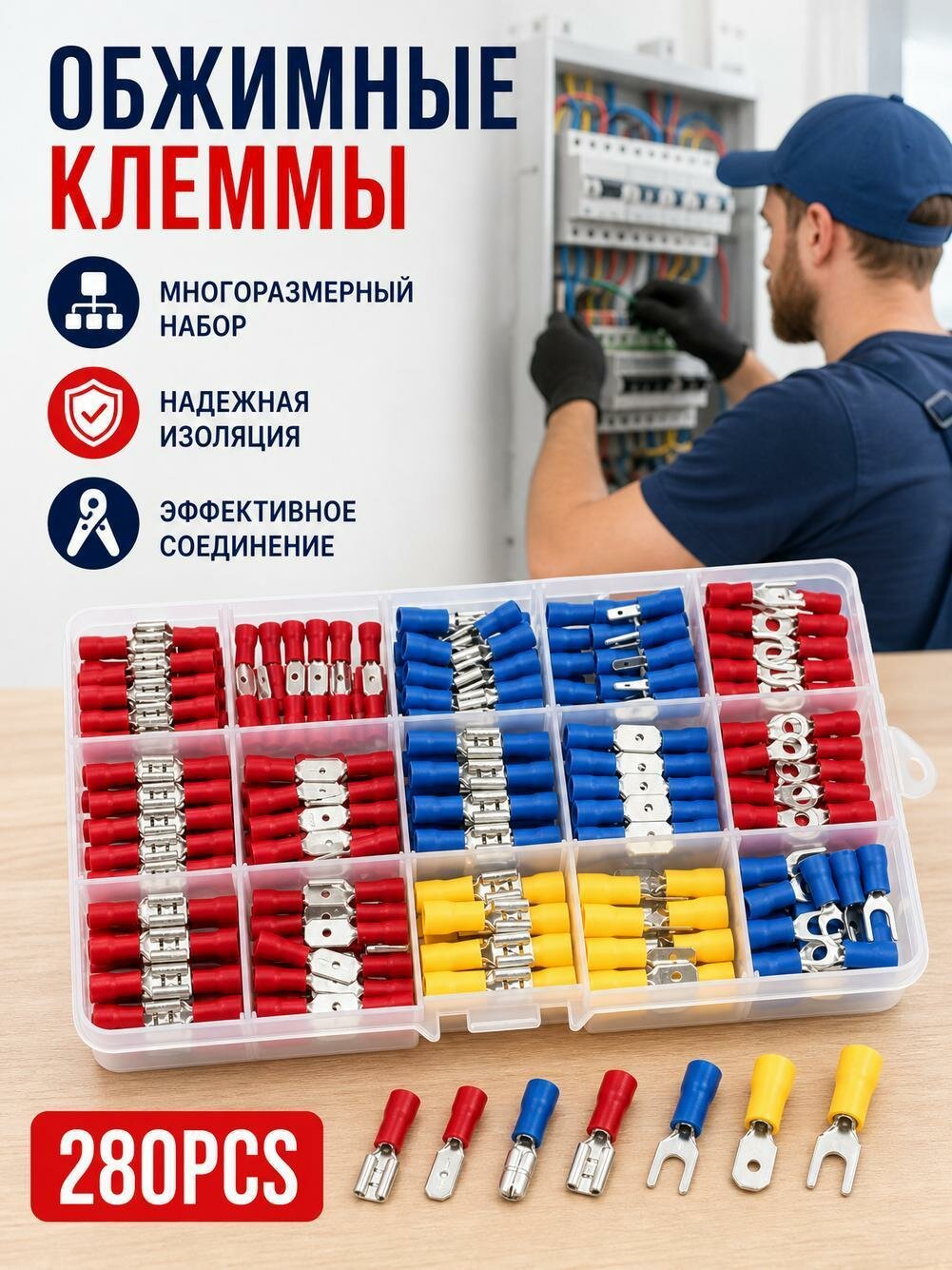 Комплект разъемов для обжима лопаток 280 шт. С устройство для зачистки проводов 4-в-1, медные контактные обжимные клеммы, изолированные кабельные разъемы