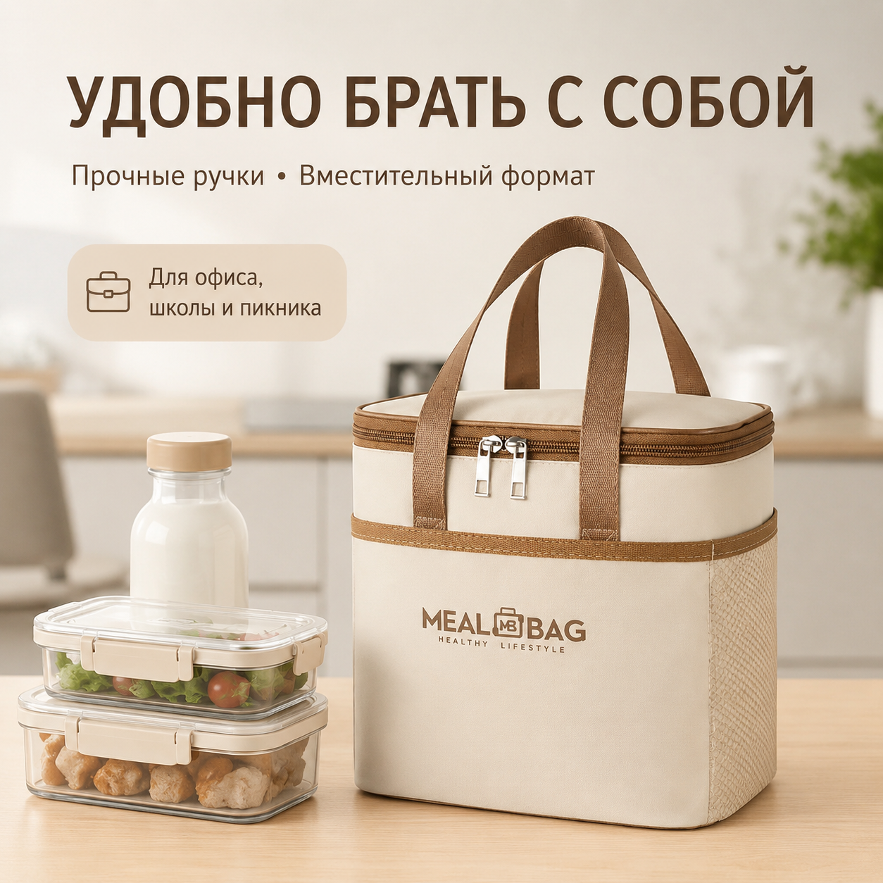 Сумка для обеда, с термоизоляцией, 23,5x24,5x15,5 см, герметичная, хаки