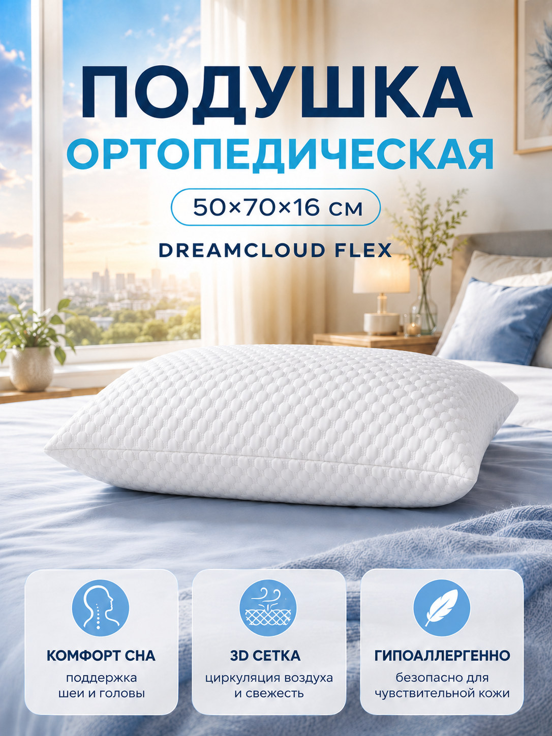 Анатомическая, ортопедическая подушка Dreamcloud для сна 50х70 см, высота 16 см, с эффектом памяти