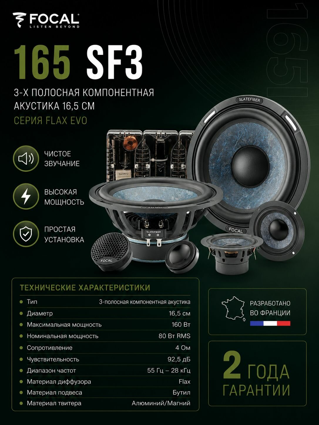 Автоакустика FOCAL Slatefiber (2026) 165 SF3, 16.5 см, компонентная, 3-х полосные