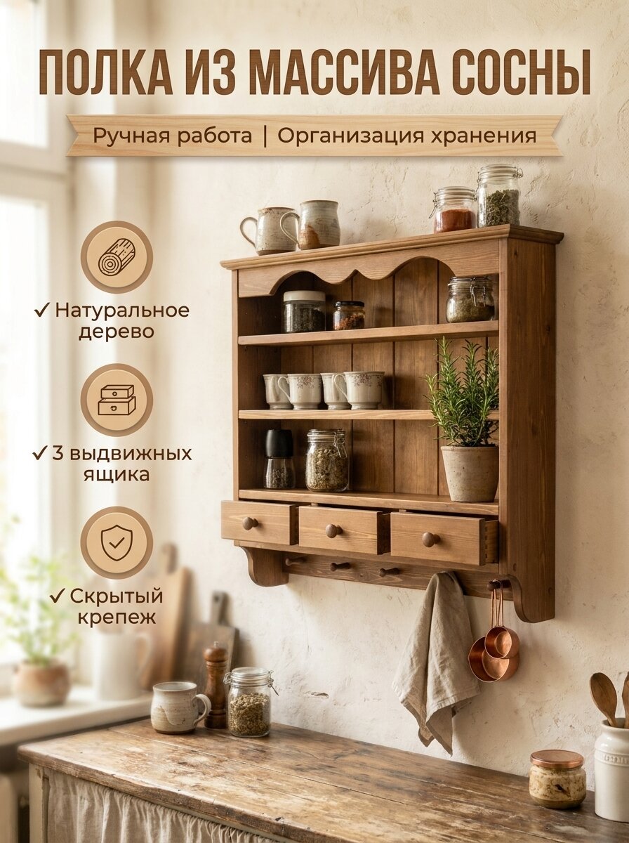 Полка настенная, дерево, с ящиками, переставные полочки, 2шт