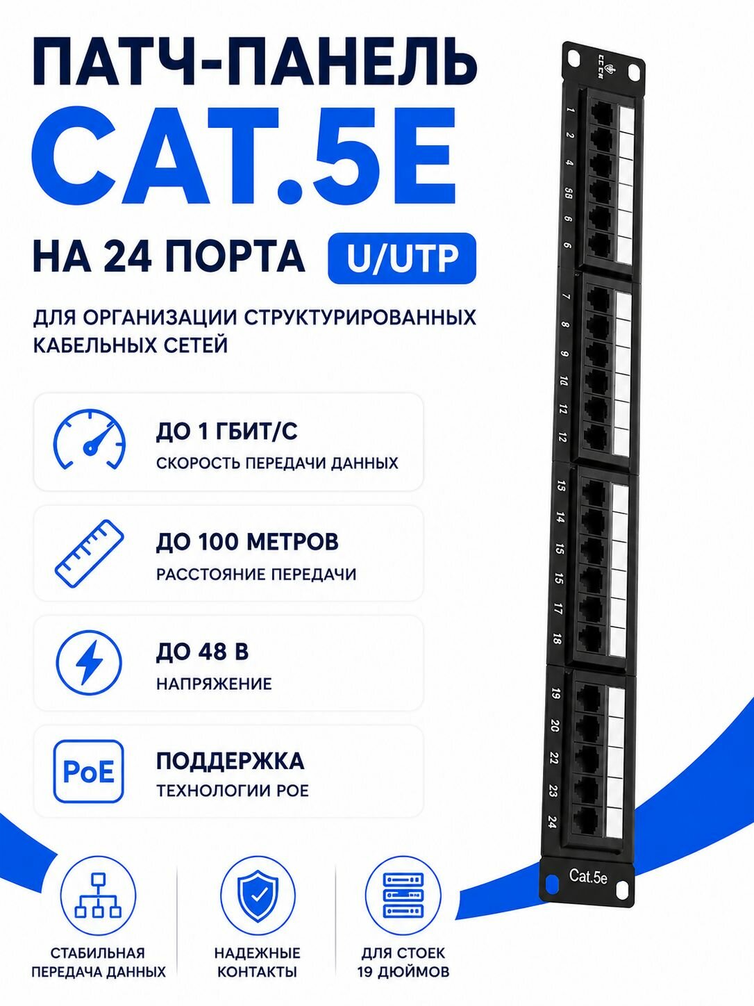 Патч-панель категории Cat 5e на 24 порта. HKN-9005