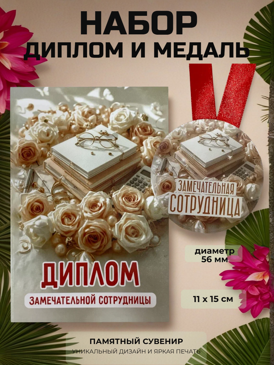 Шуточный диплом открытка "Замечательной Сотрудницы" и сувенирная медаль с атласной лентой, набор