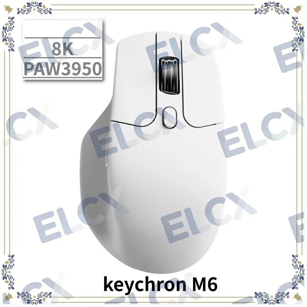 Keychron M6 8K Мышь Беспроводная, Три Режима 2,4 ГГц, Эргономичный Дизайн, Сенсор PAW3950, Полностью Бесшумные Клавиши