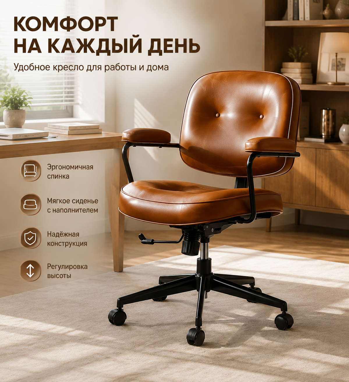 Кресло "Всписках", кожа, на колесиках, с подлокотниками, коричневое