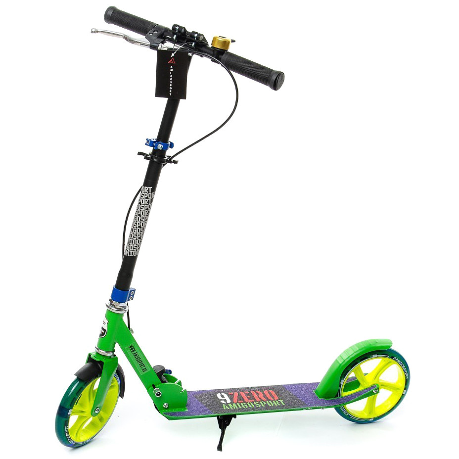 Самокат Amigosport 9 Zero, светящиеся колёса, зелёный