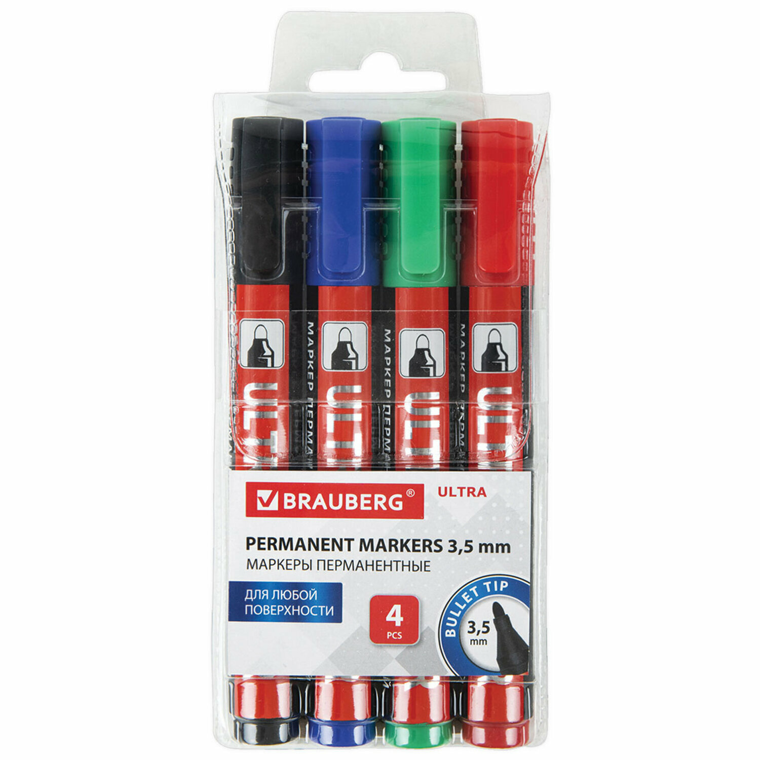 Упаковка 4 шт. Маркеры перманентные BRAUBERG ULTRA MARKER, набор 4 цвета, круглый наконечник 3,5 мм, 152208