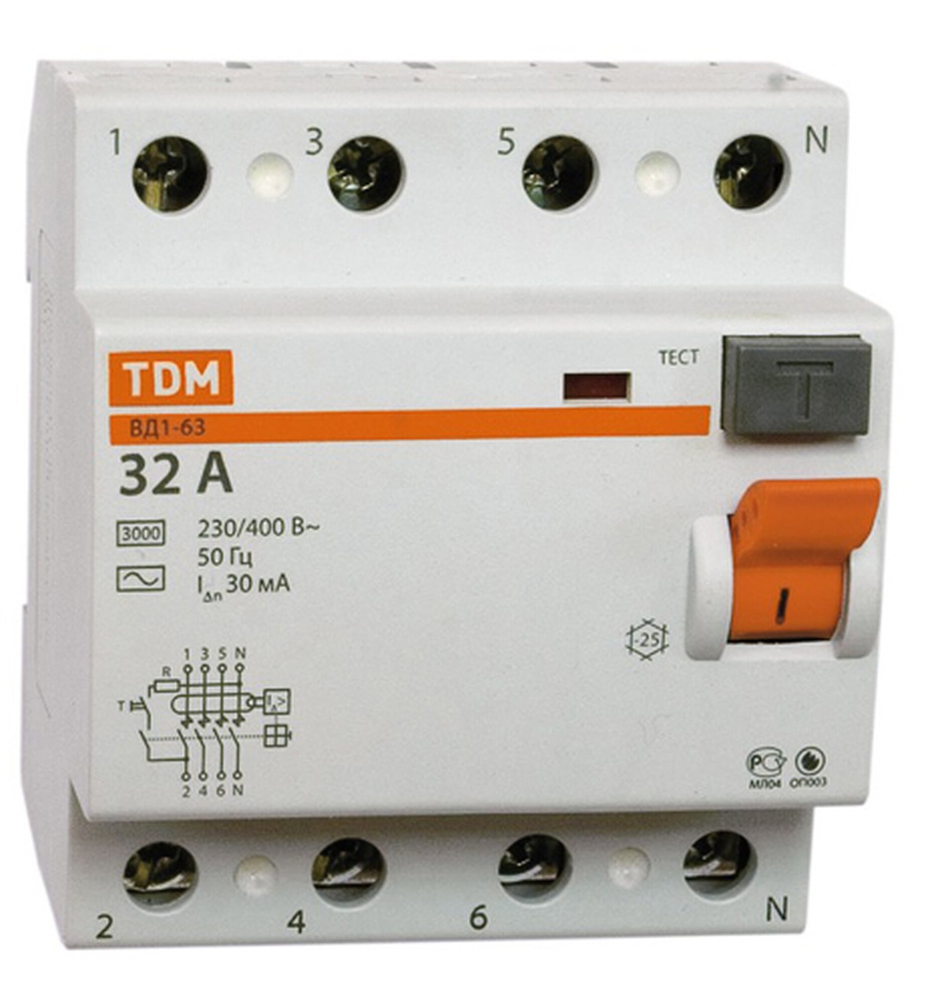 Устройство защитного отключения TDM, ВД1-63 4Р 25А 30мА, SQ0203-0032