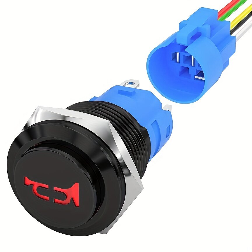 Кнопка звукового сигнала 12V 16mm, моментальная, с красной LED-подсветкой, для авто, лодки