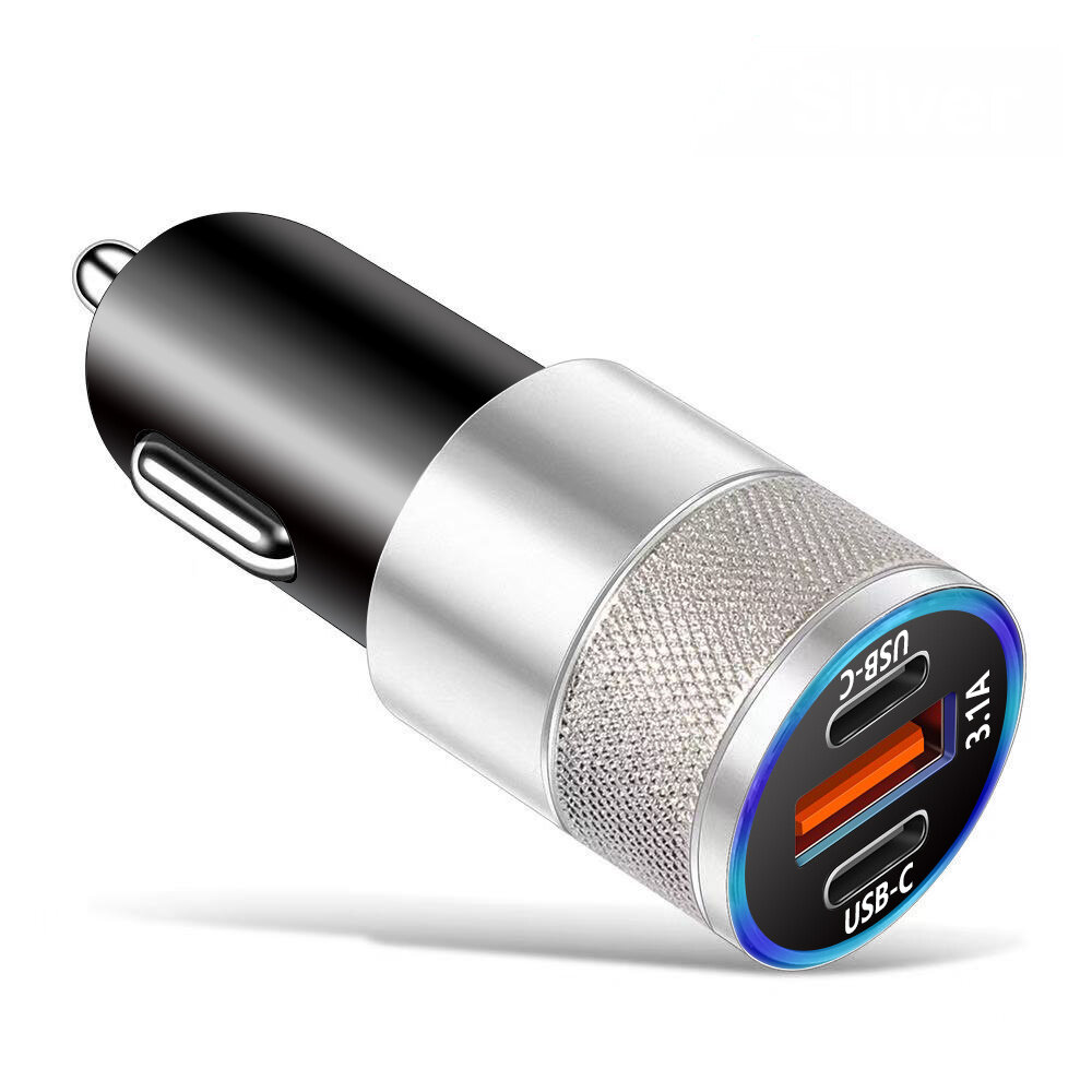 Автомобильное зарядное устройство с USB и PD, Type-C, быстрая зарядка 3.1A, серебристый