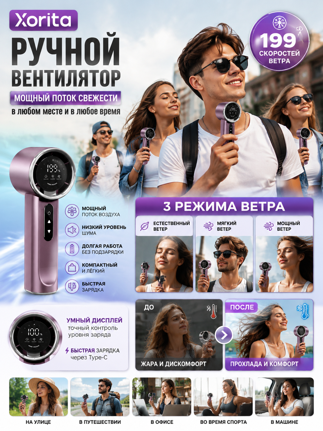 Фиолетовый портативный вентилятор: 3 скорости, тихая работа, быстрая зарядка и долгая батарея.