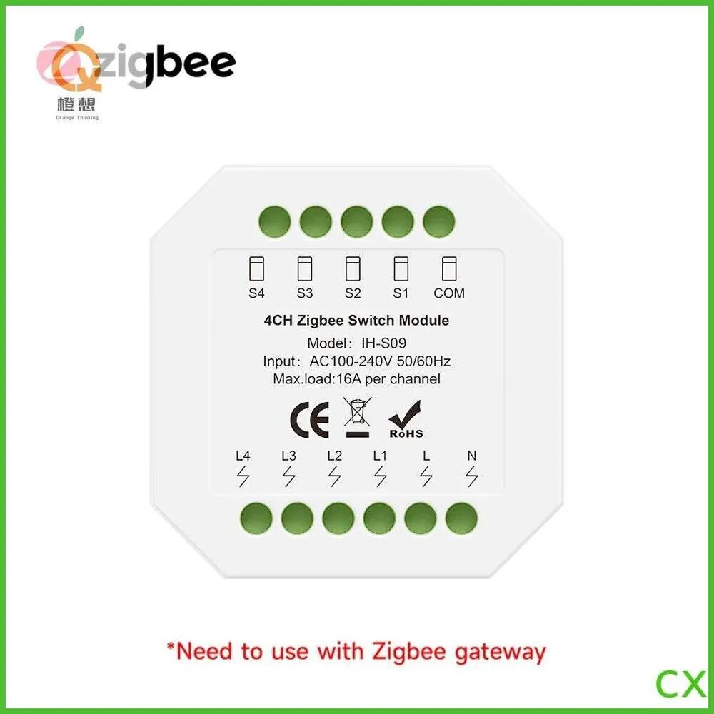 Модуль умного дома Zigbee 4х канальный IH-S09 16А, подключение к Tuya, требует шлюза Zigbee