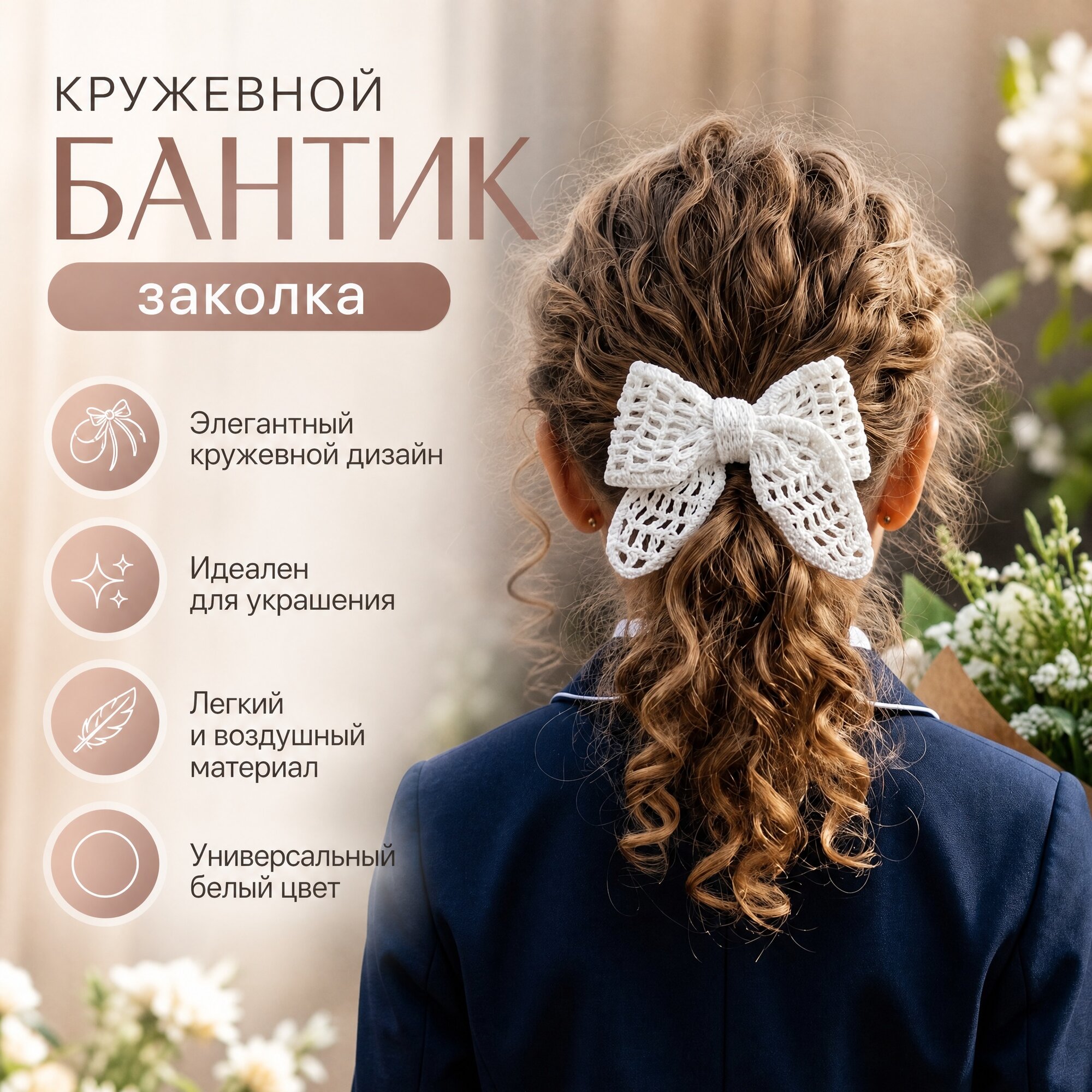 Белая вязаная заколка-бантик