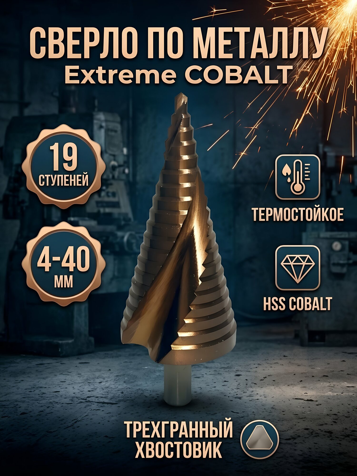 Сверло по металлу Росомаха Extreme COBALT 4-40 мм 19 ступеней ступенчатое конусное для дрели и шуруповерта 705005