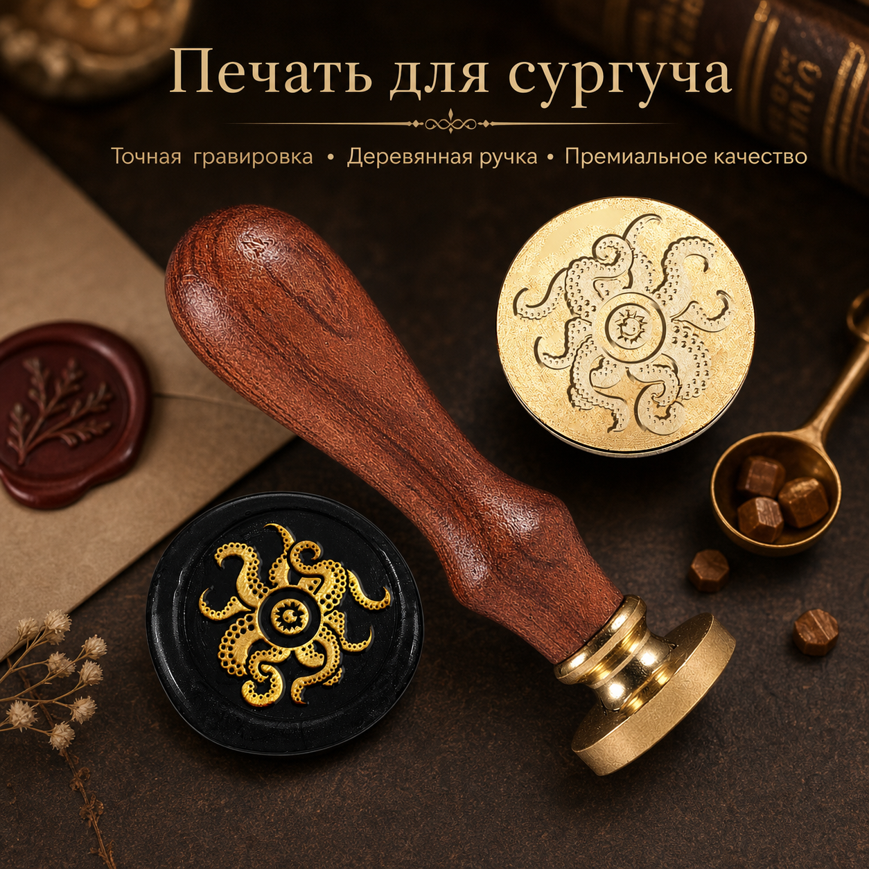 1 шт. позолоченный латунный штамп с сургучной печатью и деревянной ручкой для конвертов, приглашений, подарочных карт, осьминог 83 x 22 мм, головка: 7,5 мм, штампы: 25 x 14,5 мм