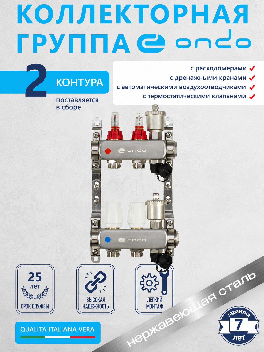Коллектор для теплого пола, 2 контура, с расходомерами, термостатическими клапанами и воздухоотводчиками, ONDO