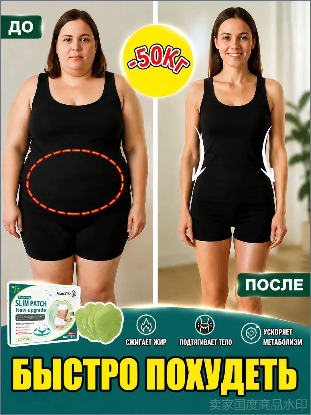 Наклейки для похудения 12 шт: для живота, рук, ног, ягодиц, спины. Подавляют аппетит, сжигают жир. Без побочных эффектов