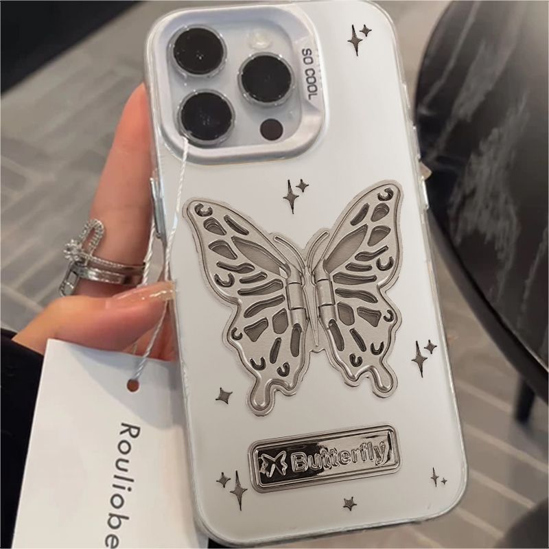 Чехол на Айфон 13 Про / iPhone 13 Pro белый с серебряной полой бабочкой современный ударопрочный чехол долговечный для мобильного телефона