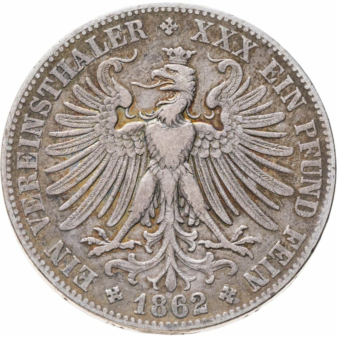 Франкфурт 1 талер 1862, Серебро 900, в сохранности VF