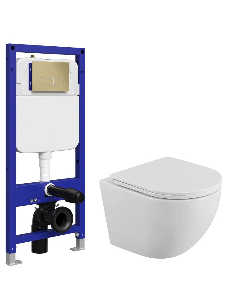 Комплект 4 в 1: Инсталляция STWORKI Кронборг S28500GM / Унитаз подвесной BelBagno Uno BB3105CHR/SC / Комплект шумоизоляции, Кнопка матовая золотая