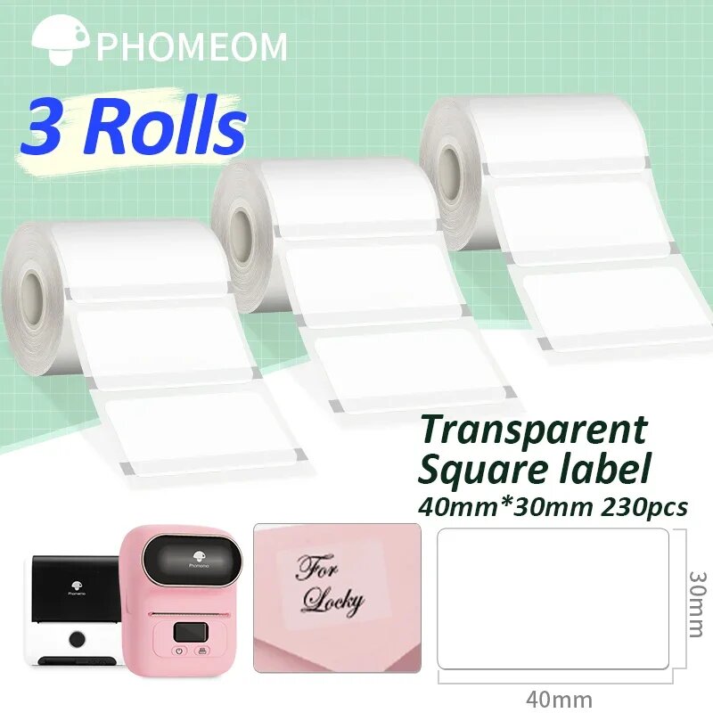 Прозрачные квадратные наклейки 40x30mm Phomemo 230шт (3 ролика)
