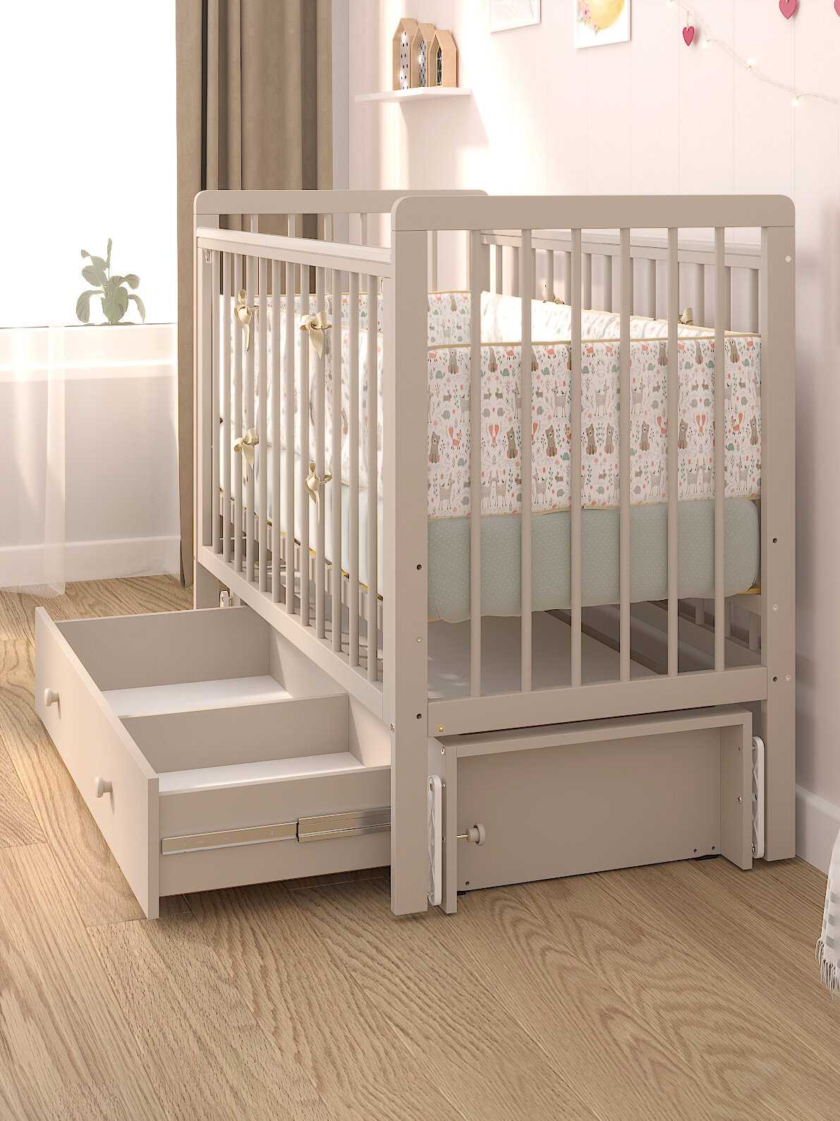 Детская кроватка с ящиком и маятником для новорожденного из массива берёзы, Ariel-02, 120х60, Кашемир