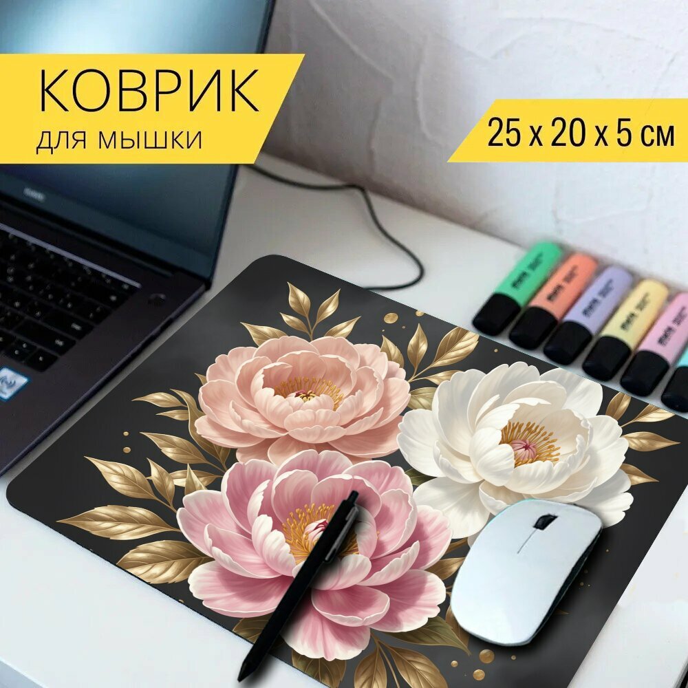 Коврик для мыши с принтом "Нежные пионы с золотыми листьями. Цветочная композиция с крупными бутонами в розовых, белых и кремовых оттенках на темном фоне. Элегантный." 25x20см.