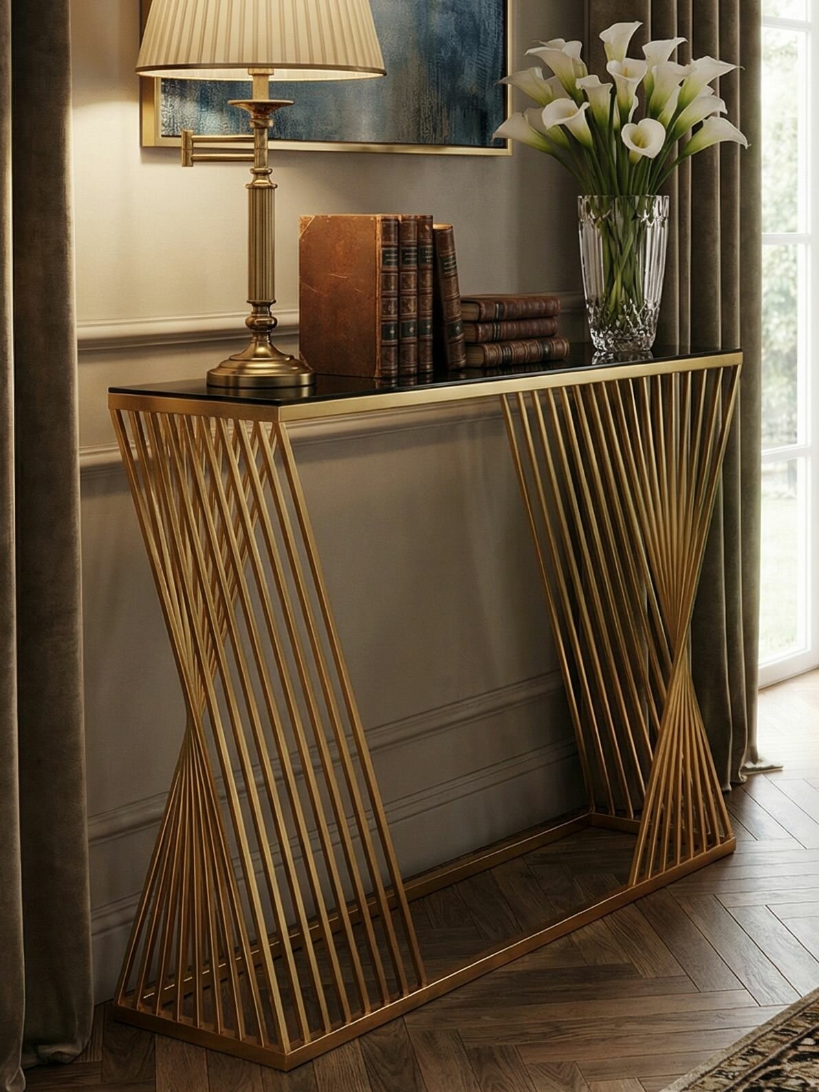 Консольный столик РИМ, туалетный столик 1200х875х280мм (золото/стекло серое графит)