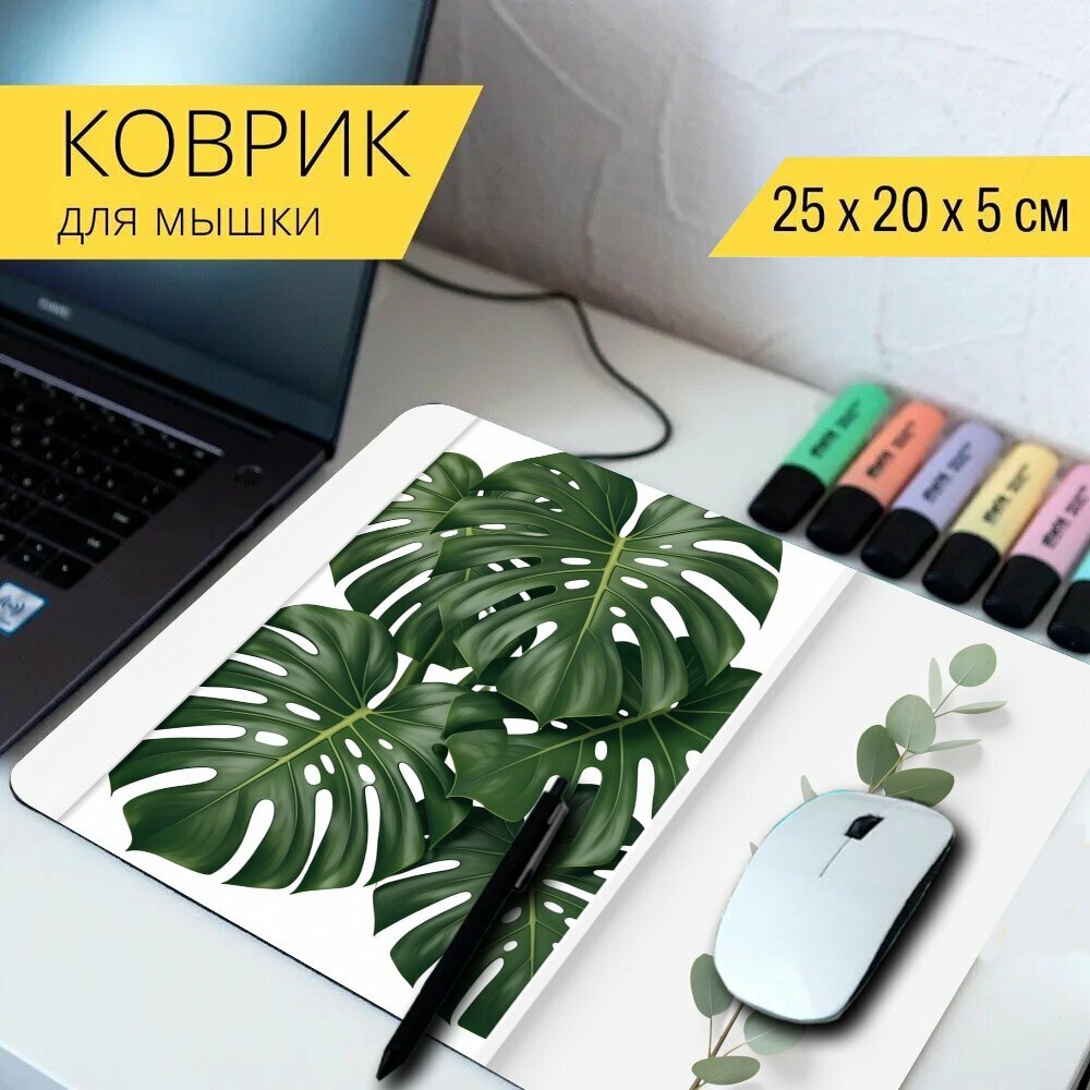 Коврик для мыши с принтом "Тропические листья и эвкалипт. Насыщенные зелёные листья монстеры с крупными прорезями и веточка эвкалипта на светлом фоне. Современная." 25x20см.