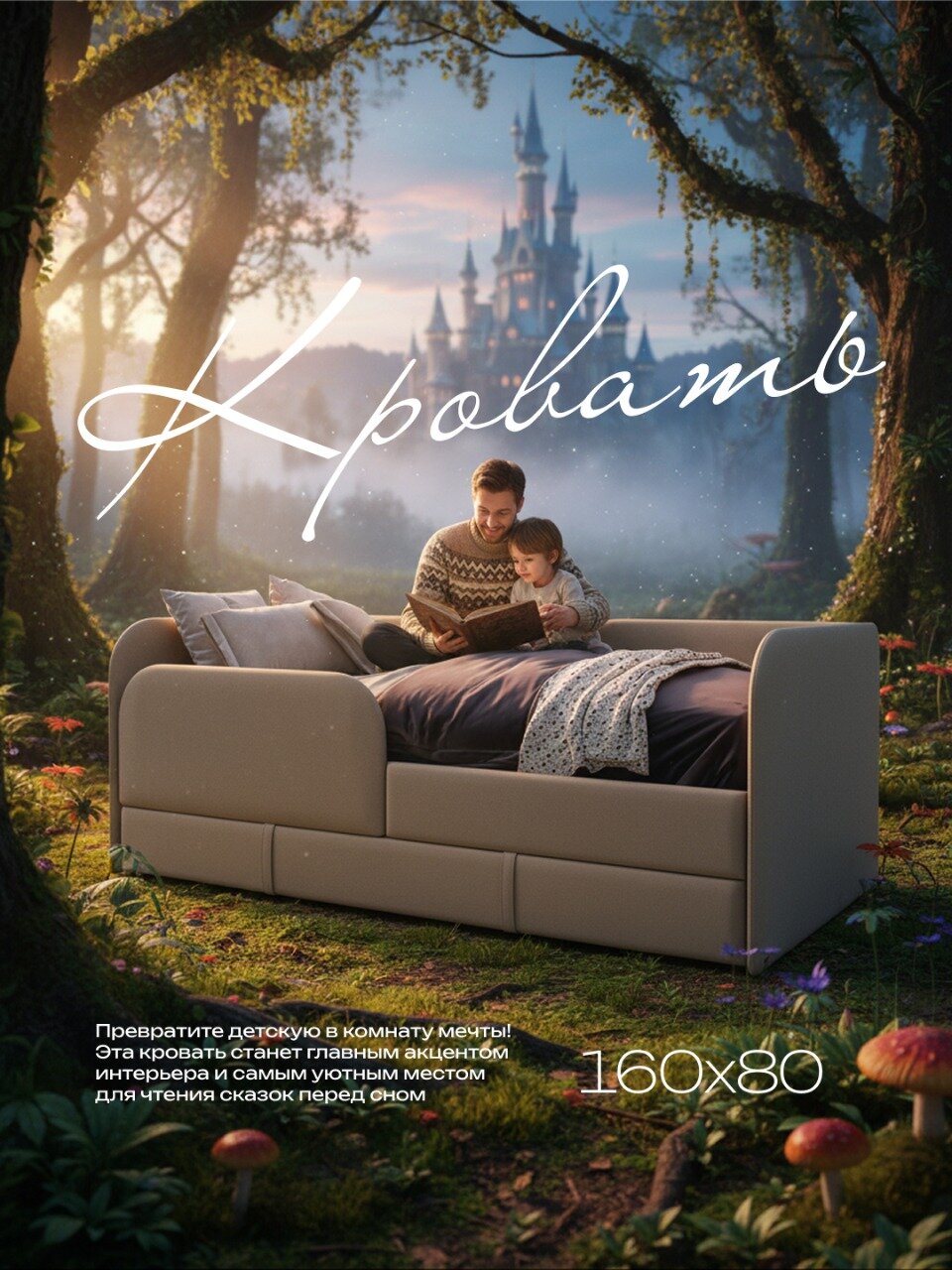 Кровать детская 160х80 см с матрасом и ящиками (скругленная)