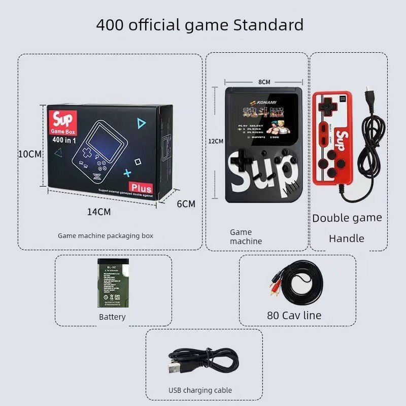 Ретро портативная игровая консоль с 400 встроенными играми, перезаряжаемая, двух игроков, черный цвет - классическое