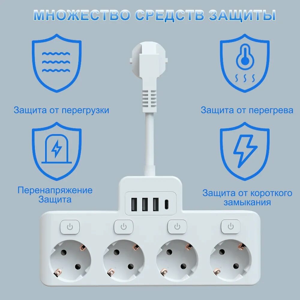 HITRENDS Удлинитель с USB (3 порта) и Type-C белая розетка на 4 гнезда для быстрой зарядки